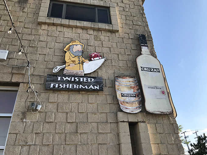 That whimsical fisherman sign promises seafood adventures worth catching, complete with a crab ready to party!