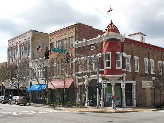 That charming red turret corner building proves downtown Valdosta has architectural personality and affordable rent to match.