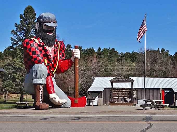 Standing tall with his red flannel and axe, this legendary lumberjack greets visitors like an old friend.