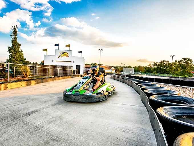 Golden hour racing under those puffy clouds makes every lap feel like a scene from a movie.