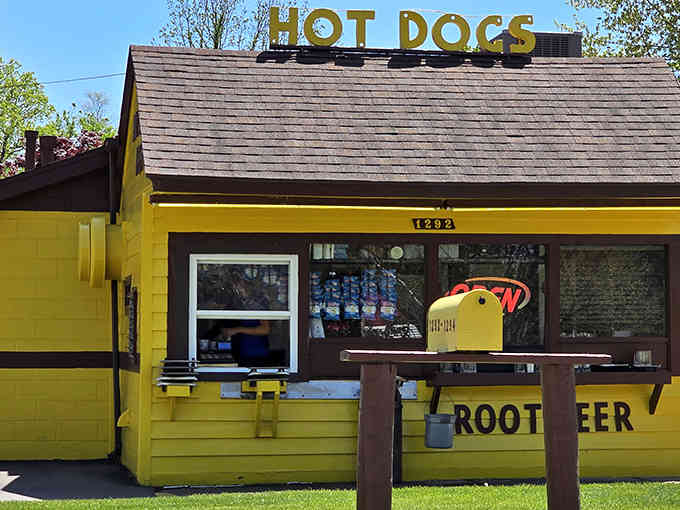 Sunshine yellow walls and a charming order window create the perfect backdrop for classic American drive-in dining dreams.