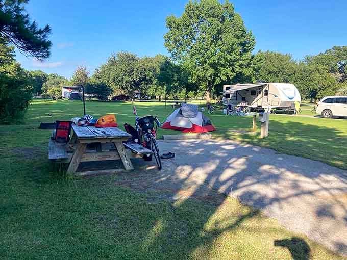Bikes, tents, and a picnic table loaded with gear &mdash; Buck Hall is where adventures actually begin, not just get planned.