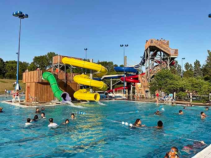 Under a perfect blue sky, Cascade Bay's colorful slide towers rise like a glorious monument to Minnesota summers well spent.