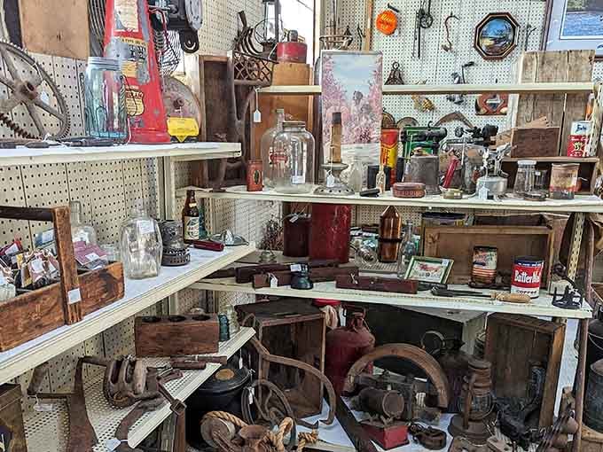 Every shelf tells a different story, from antique bottles to rustic wooden crates waiting for rediscovery.