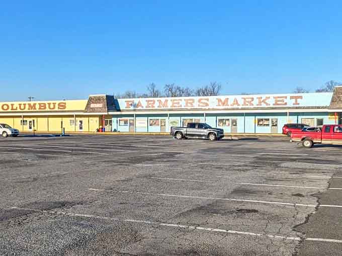 The classic blue-and-white facade stretches wide, promising endless aisles of bargains waiting inside for eager shoppers.