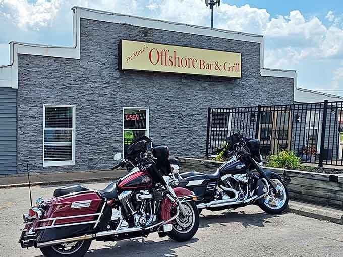 Even the motorcycles know where the good food is, parked proudly outside this Sandusky seafood destination on a perfect day.