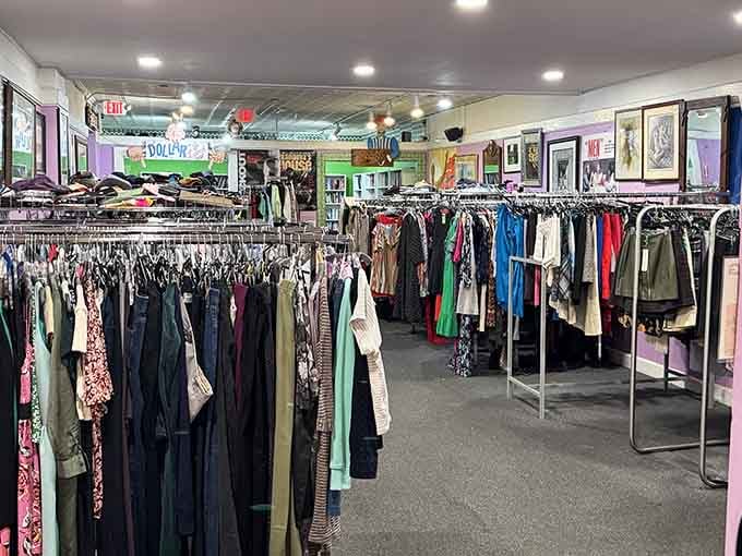 Rows of clothing stretch endlessly, promising that perfect find hiding somewhere between the floral prints and denim.