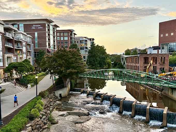 Golden hour hits the Reedy River just right, turning downtown Greenville into something straight out of a postcard.