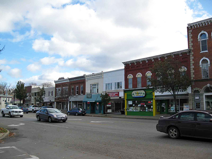 Historic buildings in cheerful colors stand shoulder to shoulder, proving small-town charm never goes out of style or breaks the bank.