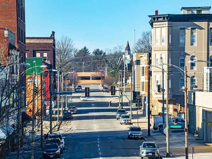 Freeport's main street stretches out under a crisp blue sky, quietly daring you to come explore every last corner.