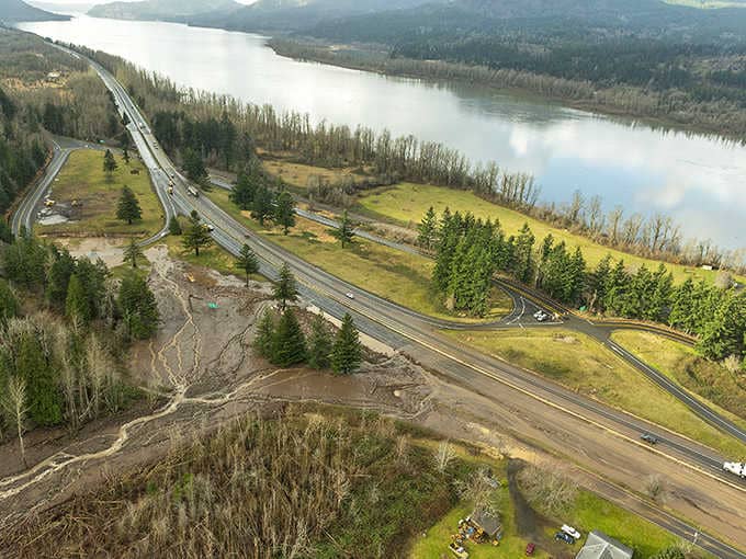 The Columbia River curves below like a silver ribbon while the highway traces the gorge's dramatic contours.