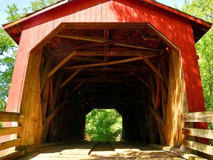 Step inside and admire those magnificent wooden trusses holding everything together like a masterpiece of old-world engineering.