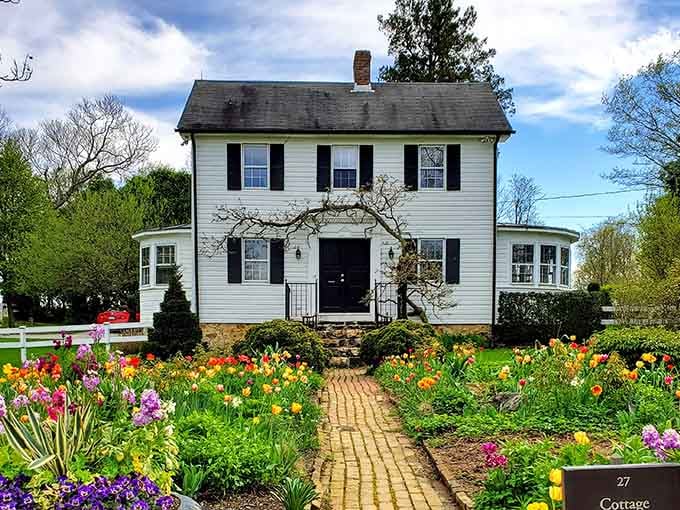 A brick path leads through spring blooms to a charming cottage where every flower seems perfectly placed.