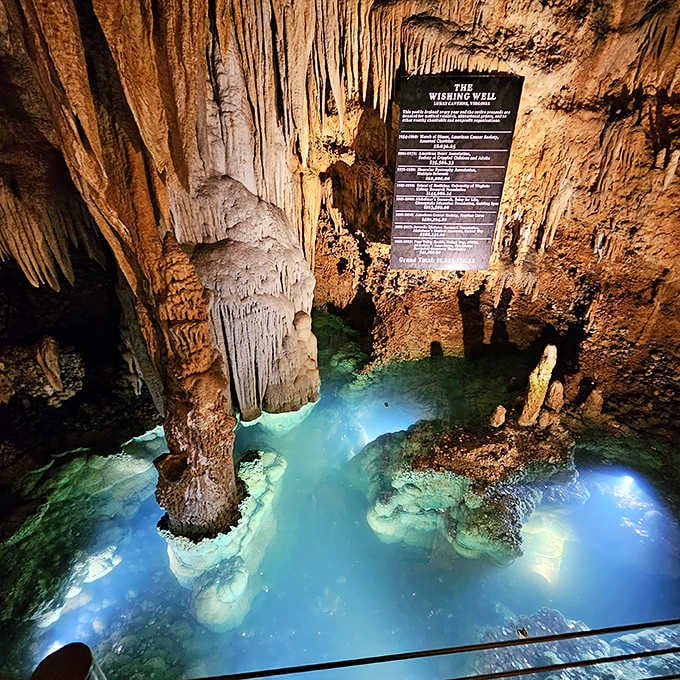 These ancient formations tower above crystal pools, creating a scene so magical you'll forget you're standing 200 feet below Virginia.