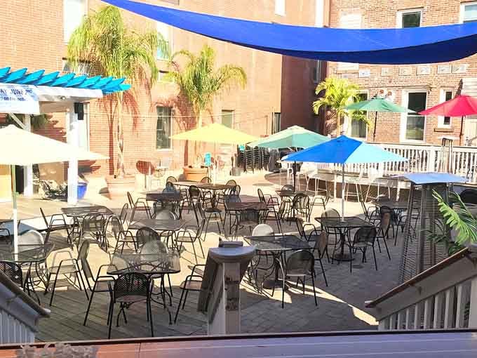 That hidden patio oasis with colorful umbrellas and palm trees makes you forget you're in Connecticut.