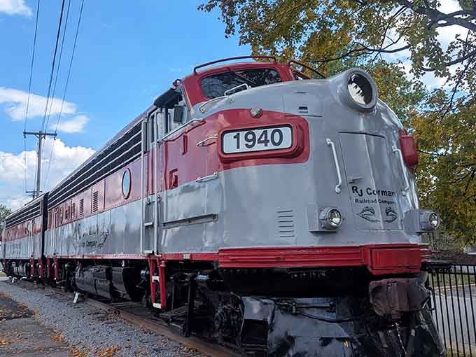 The vintage locomotive sits proudly under blue skies, ready to whisk diners through the rolling countryside ahead.