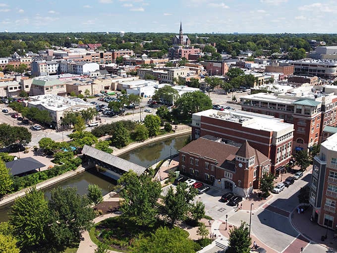 From above, the Riverwalk winds like a green ribbon through town, connecting neighborhoods with natural beauty and peaceful pathways.