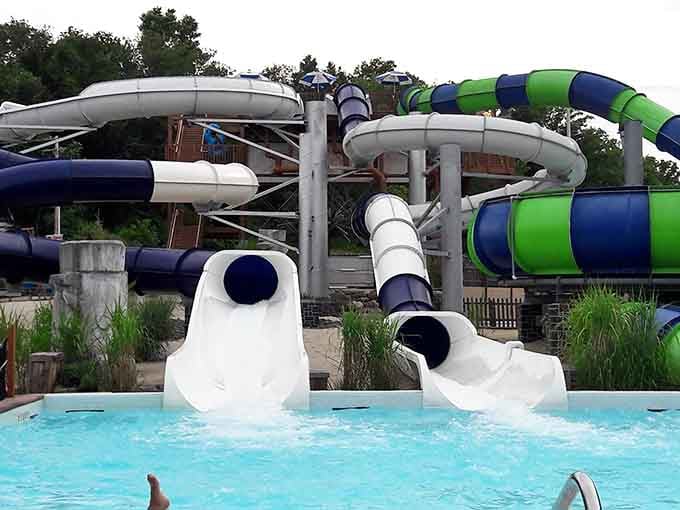 Multiple slides tower overhead like a choose-your-own-adventure novel, except every chapter ends with a spectacular splash.