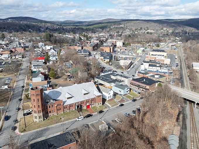 From above, this charming town nestles into the valley like it's been tucked in for a cozy nap.