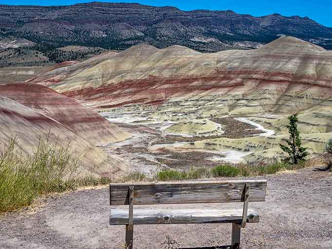 That weathered bench offers the best free seat in Oregon for contemplating millions of years of geological artistry.