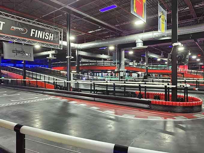 The multi-level finish line beckons as curves and straightaways create the perfect indoor racing playground ahead.