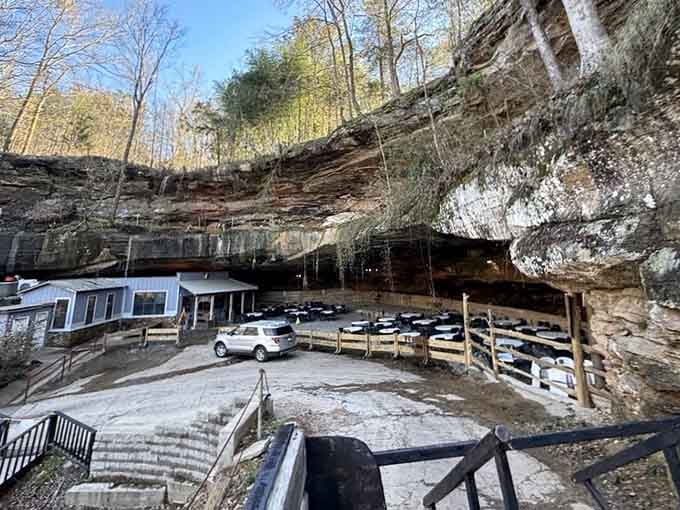 The wooden fence guides you toward this cliff-sheltered eatery where geology meets good food in perfect harmony.