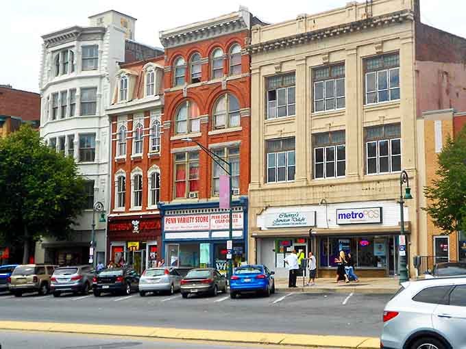 Downtown streets where every building tells a different story, and the Penn Variety Store sign reminds you of simpler shopping days.