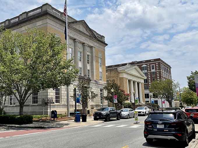 That grand courthouse building stands proud with columns that would make any Southern architect tip their hat.
