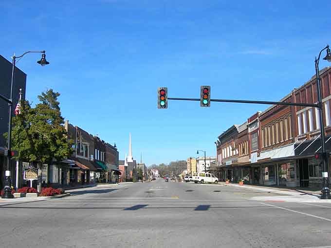 Wide open streets and blue skies frame a downtown that looks like it stepped from a simpler time.