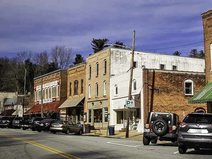 Mountain light hits these storefronts just right, creating shadows that tell stories of countless friendly conversations.