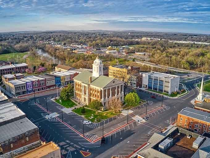 From above, the courthouse anchors this charming town like a captain steering a ship through generations of history.