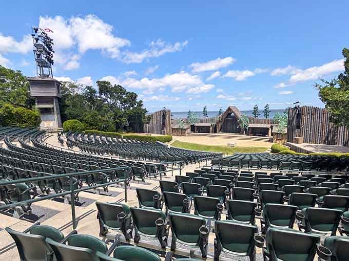 Sunlit seats await the evening's drama, where colonial tales unfold on America's oldest outdoor stage.