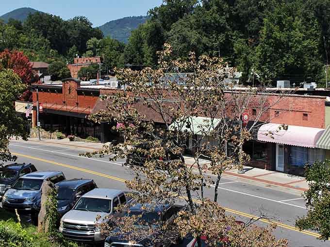This street serves up small-town charm with a side of Blue Ridge majesty framing every storefront.