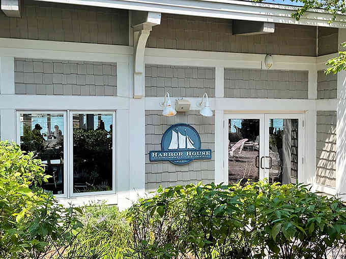 The Harbor House sign welcomes you to Milwaukee's premier seafood destination on the lakefront.