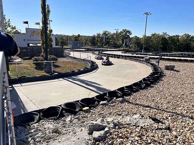 The sweeping curves and tire barriers create a racing paradise that looks even better from above.