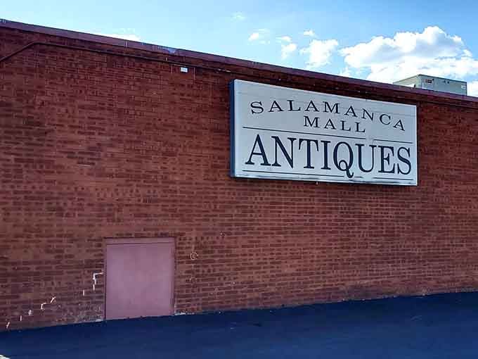 The brick exterior promises serious antiquing inside, not your grandmother's dusty attic situation.