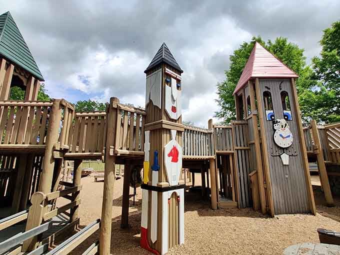 Shields and medieval details transform ordinary playground equipment into a proper castle worthy of any young knight's imagination.