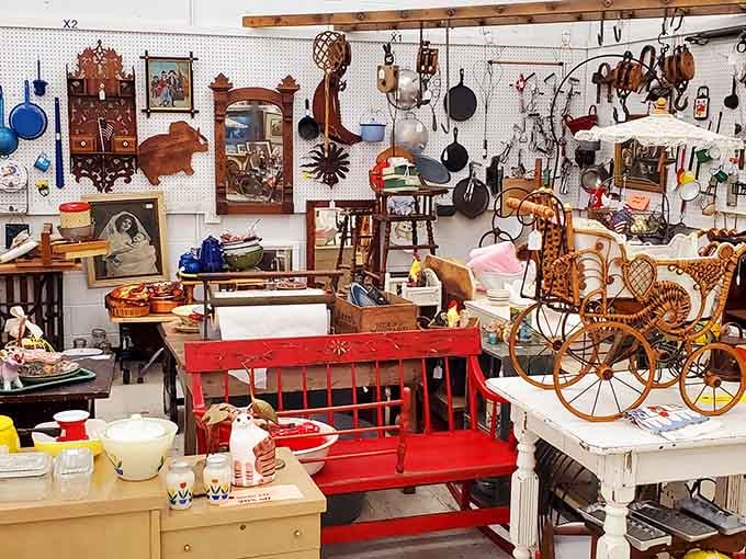 That red bench has seen more stories than your favorite novel, surrounded by treasures galore.