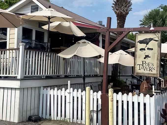 Sunshine and umbrellas soften the gothic vibe, proving even Poe would've appreciated a good patio lunch.