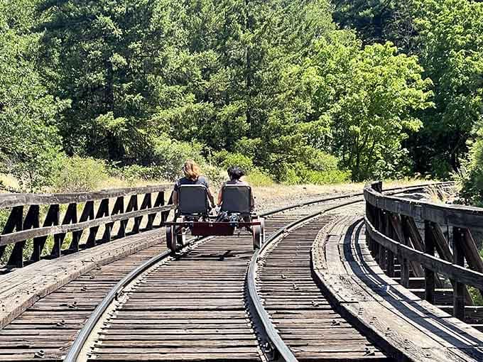 Crossing wooden trestles while pedaling might seem daring, but the views make it worthwhile.