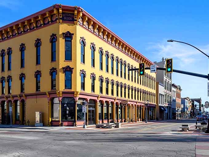 That golden building practically glows like butter, making downtown Muncie look downright photogenic.