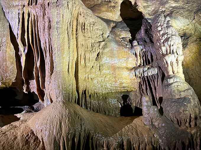 The lighting transforms ancient limestone into a painter's palette, proving that Mother Nature invented interior design long before HGTV.