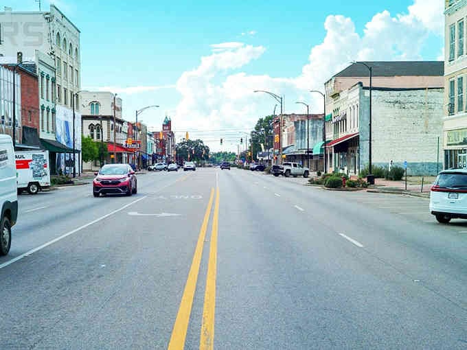 Main Street under blue skies, where every building tells a story and parking is never a problem.