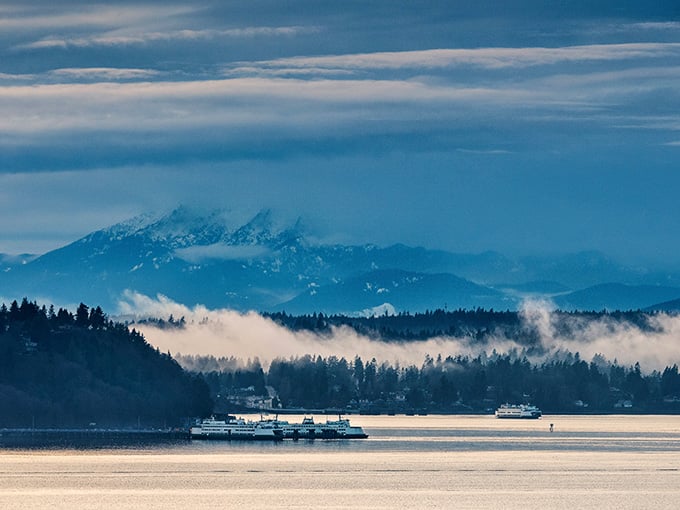 Mount Rainier photobombs the ferry crossing with typical Washington showmanship, because subtlety isn't its thing.