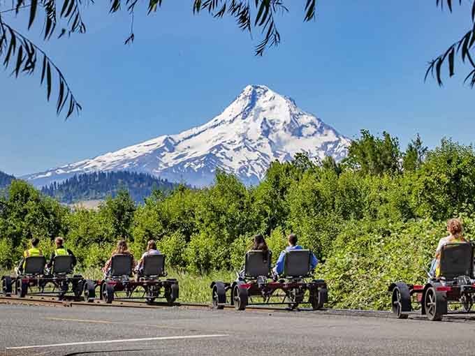 Mount Hood photobombs your rail biking adventure like it owns the place, which it kind of does.