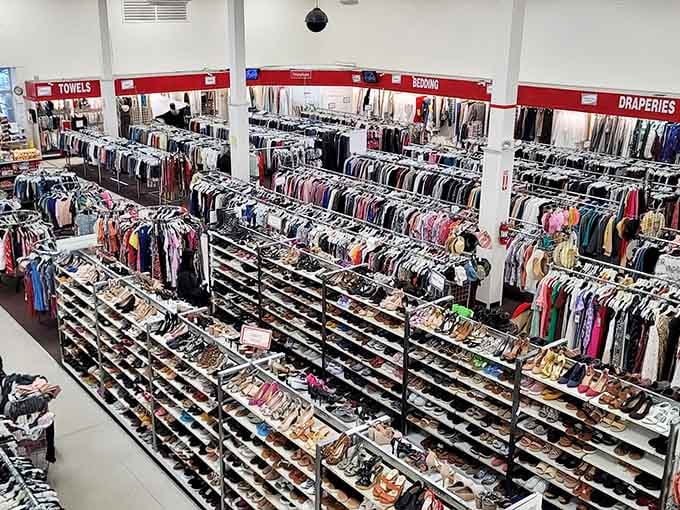 Rows of shoes stretch endlessly, proving Cinderella wasn't the only one who deserved affordable footwear options.