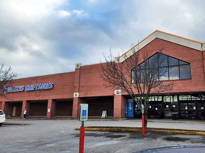Cloudy skies can't dampen the spirits of thrifters who know what awaits beyond that welcoming entrance ahead.