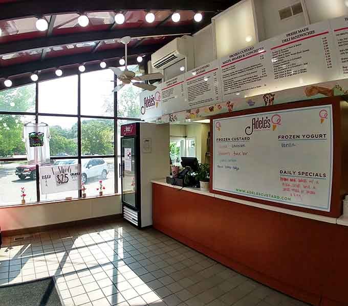 Clean, bright, and focused on what matters: that gleaming menu board promising silky custard happiness in every scoop and swirl.