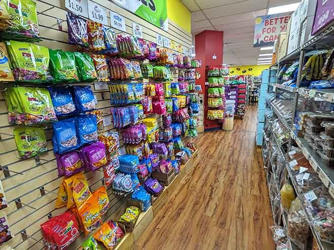 Aisles bursting with colorful bags like a rainbow exploded in the best possible way for your taste buds.