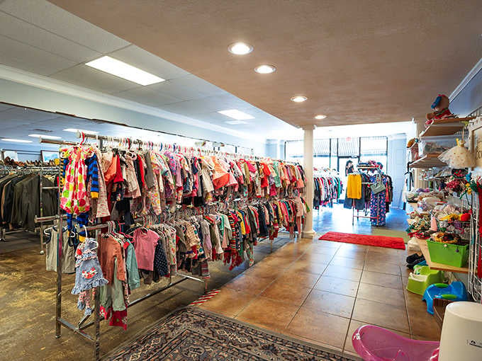 Rows of colorful clothing stretch before you like a rainbow of second chances and smart choices.